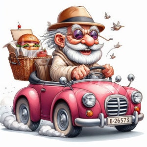 Funny Old Man Driver Clipart, 12JPG, Crazy Grandpa in Car, Senior ...