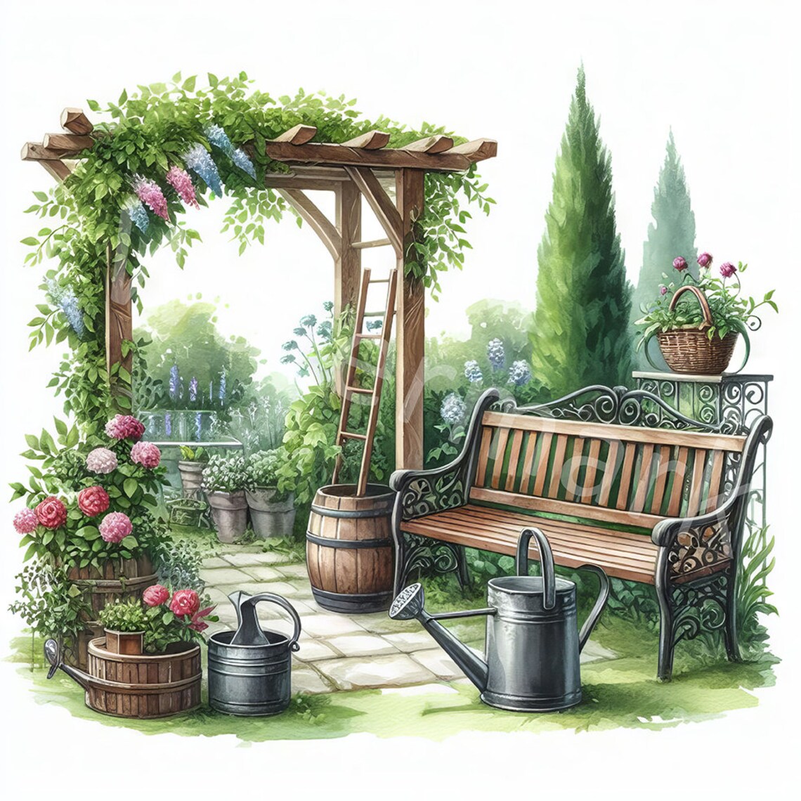 Watercolor Summer Garden Clipart: Floral Card Design (digital Download ...