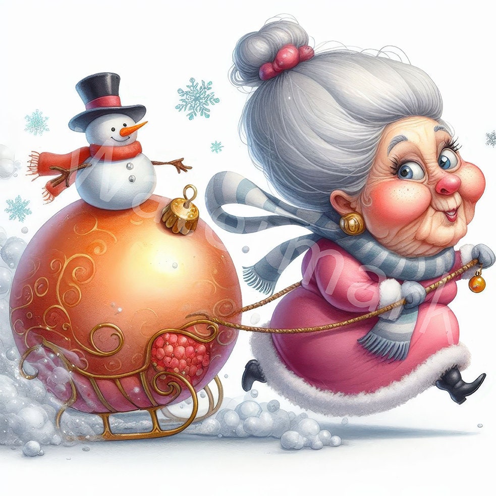 Funny Christmas Old Ladies Clipart: Grandma & Snowman (digital Download ...