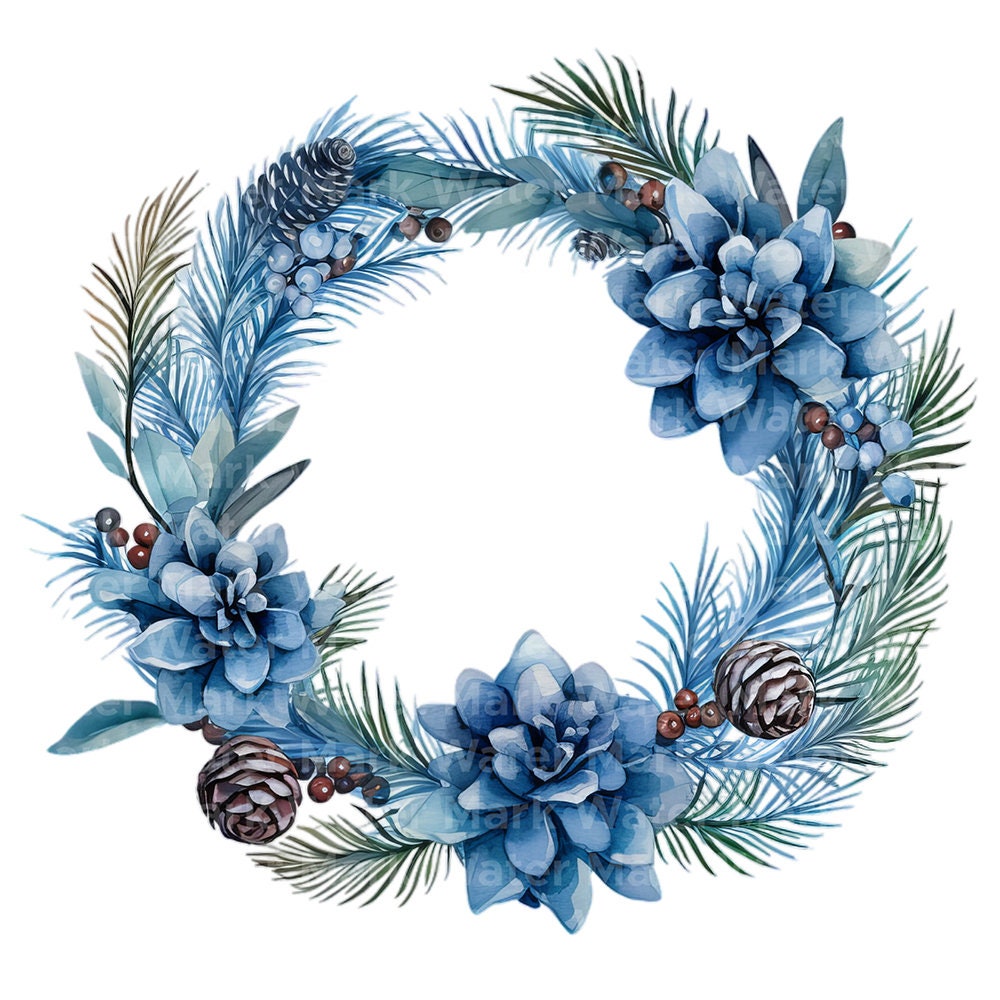 Watercolor Christmas Wreath Clipart: Blue Floral Designs (digital ...