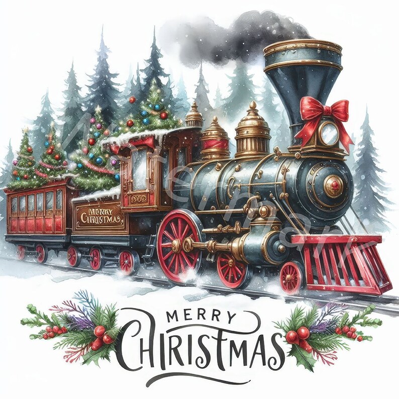Watercolor Christmas Train Clipart: Holiday Card Graphics (digital ...