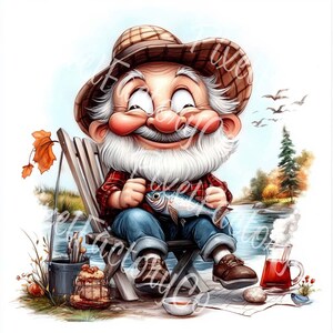 Funny Grandpa Fishing Clipart: Watercolor Summer Character Bundle ...