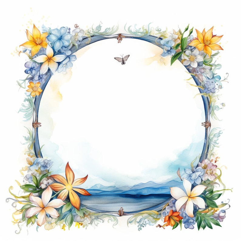 Watercolor Flower Frame Clipart: Floral Border, Card Making (digital ...