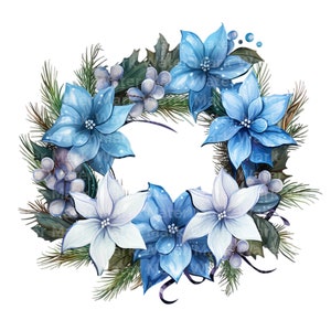 Watercolor Christmas Wreath Clipart: Blue Floral Designs (digital ...