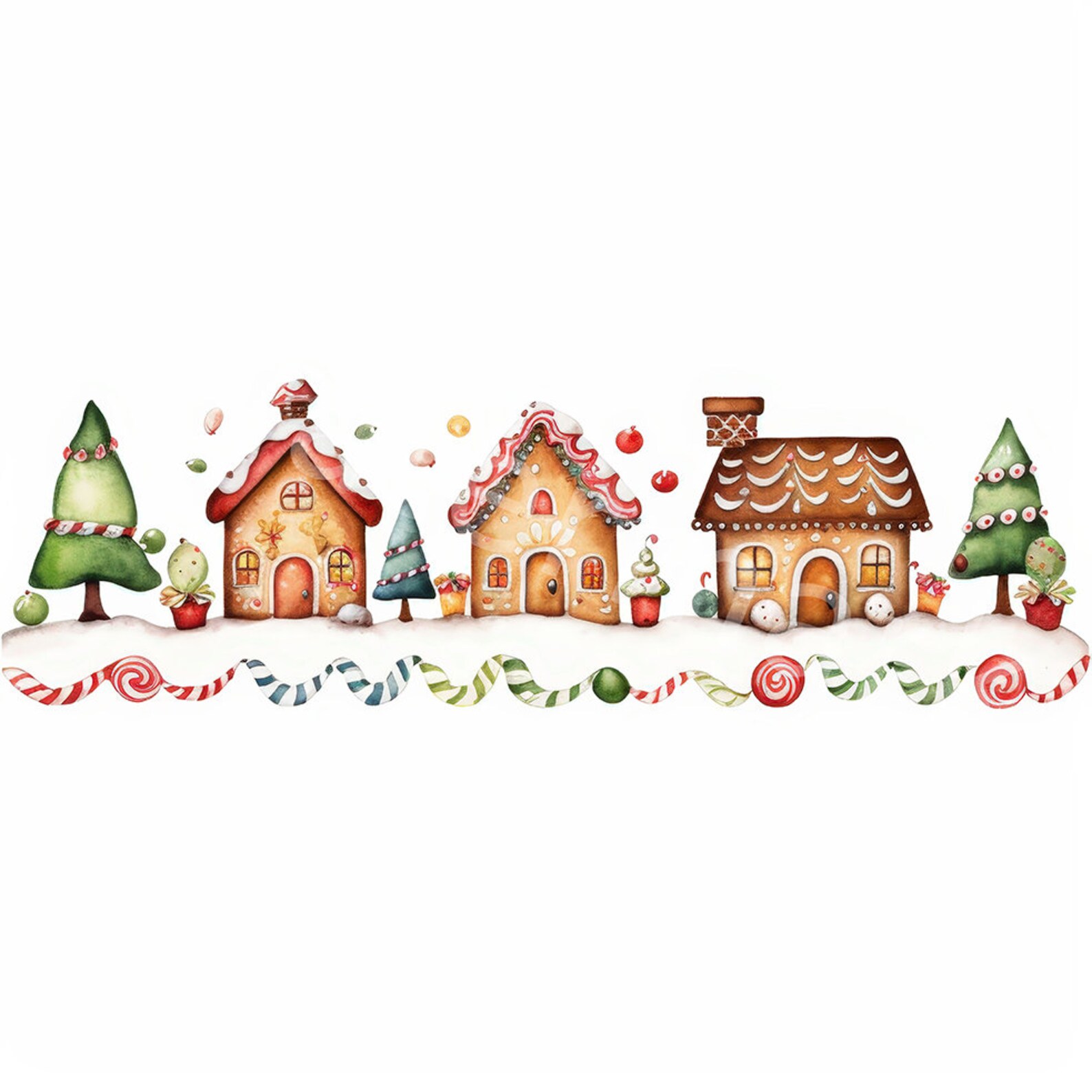 Christmas Borders Clipart: Watercolor Gingerbread House Garlands ...