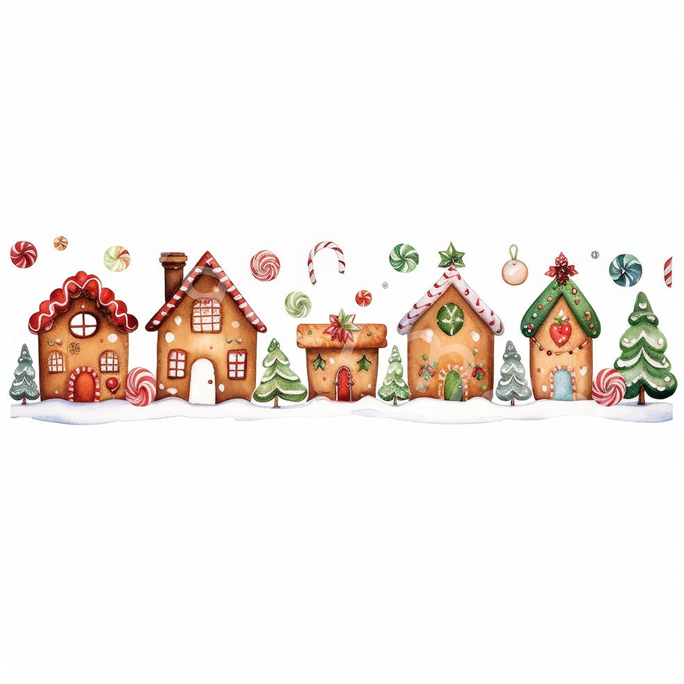 Christmas Borders Clipart: Watercolor Gingerbread House Garlands ...