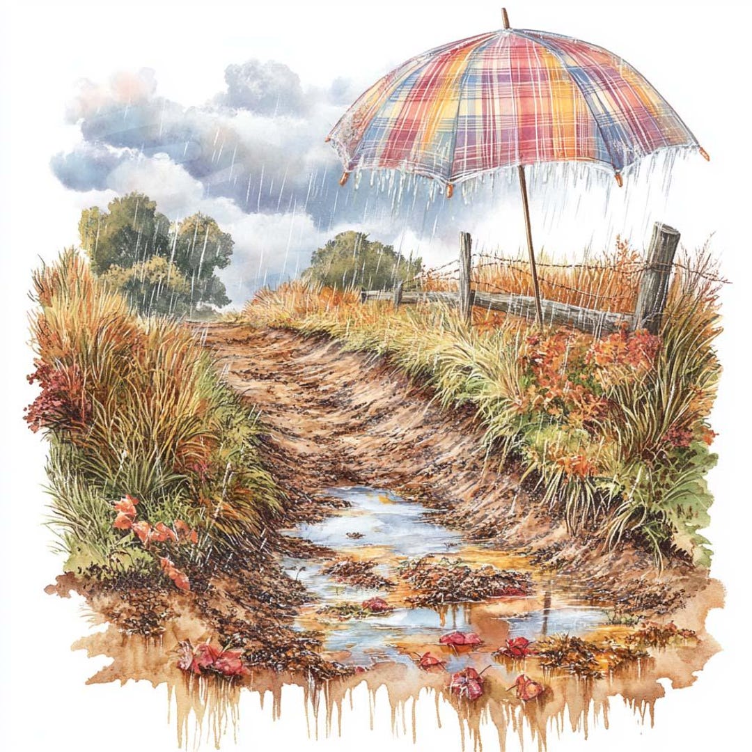 Autumn Rain Clipart: Watercolor Puddle, Umbrella Graphics (digital ...