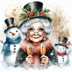 Christmas Old Lady Clipart: Elegant Grandma With Snowman (JPG Digital ...