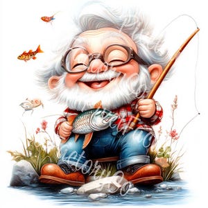 Funny Grandpa Fishing Clipart: Watercolor Summer Character Bundle ...