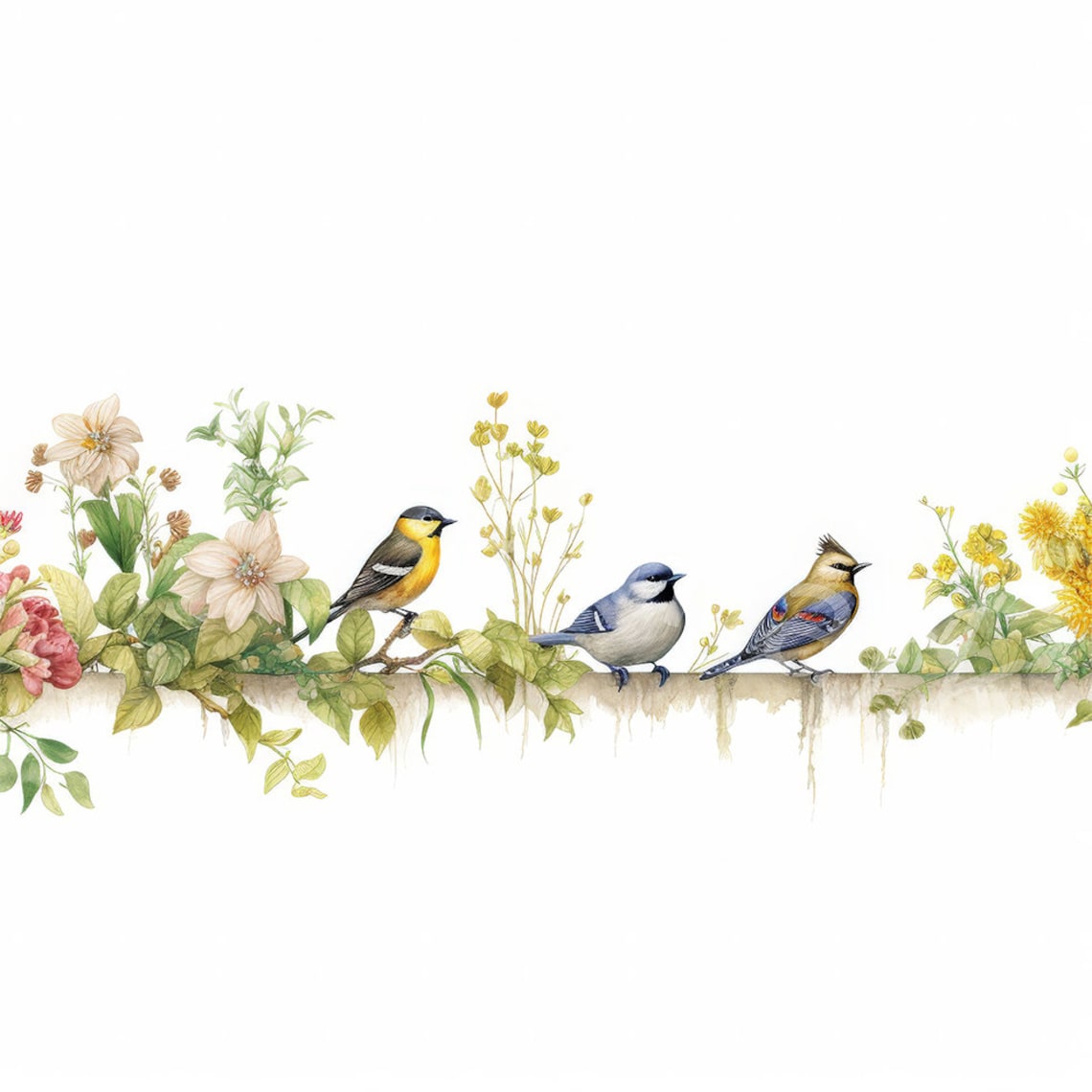 Watercolor Birds Border Clipart: Floral Frame Graphics (digital ...