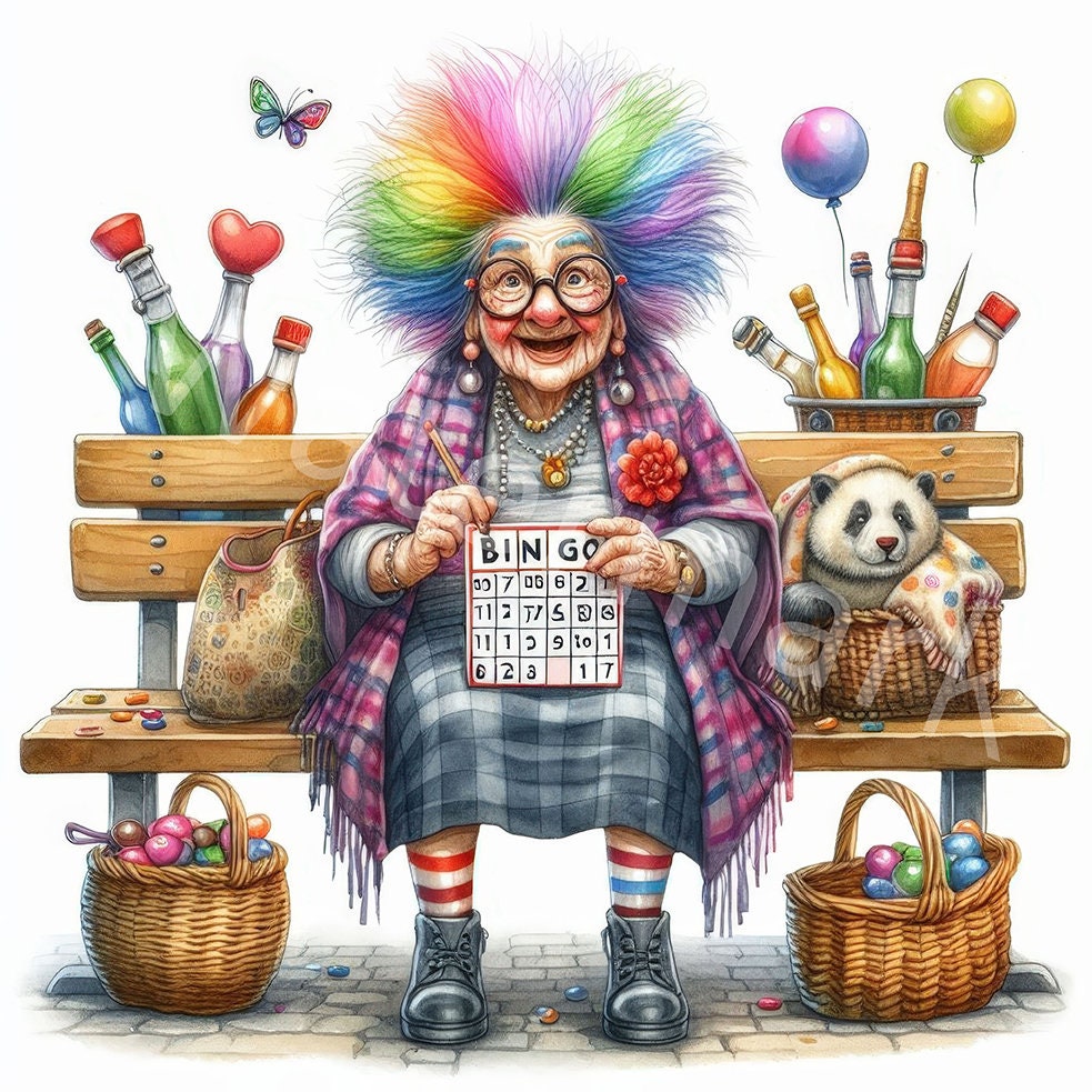 Funny Grandma Bingo Clipart: Watercolor Old Ladies (digital Download ...