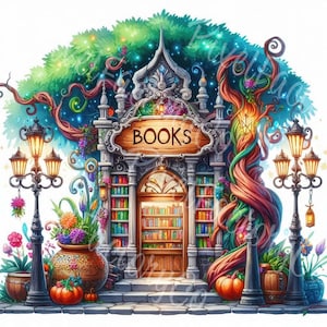 Fairy Tale Bookstore Clipart: Enchanted Library Illustration (JPG ...