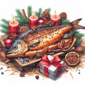 Christmas Fish Clipart, 12 Jpg, Watercolor Clipart, Christmas, Digital ...