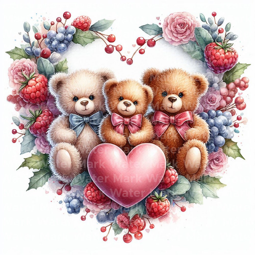 Valentine's Day Heart Clipart, 12 JPG, Teddy Bears in Love, Digital ...