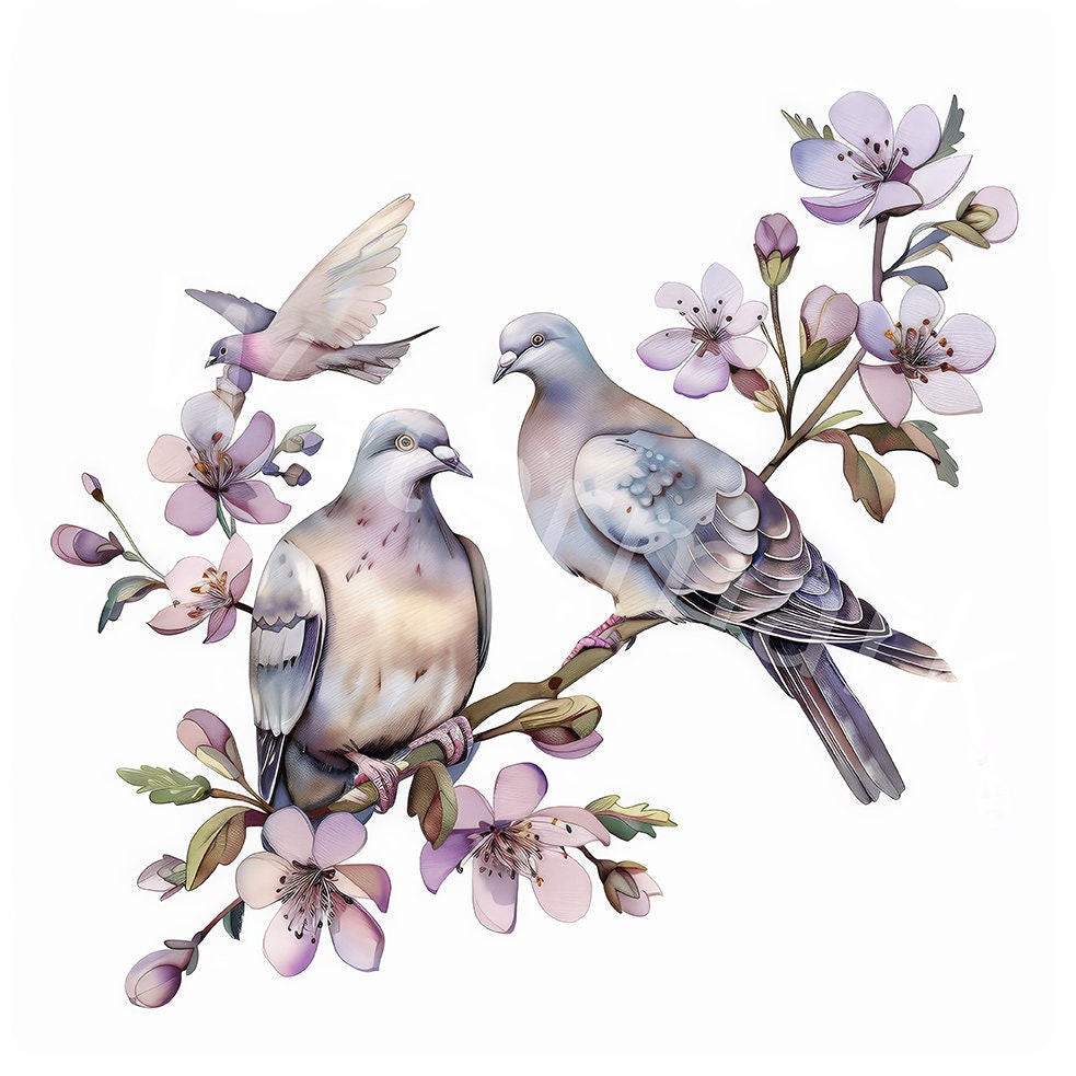 Watercolor Pigeons Clipart: Floral Twig Design (digital Download) - Etsy