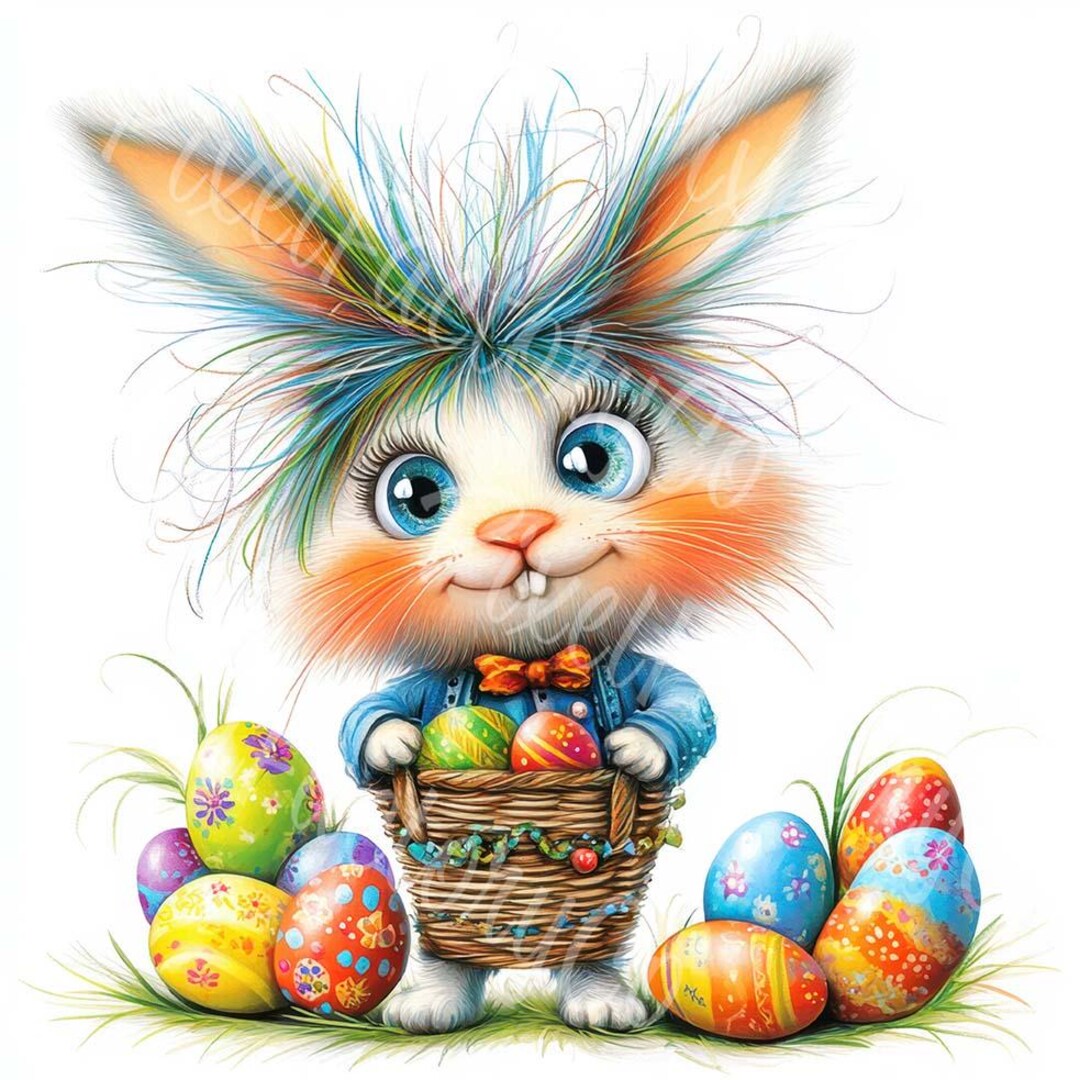 Easter Bunny Clipart JPG Colorful Egg Basket Cute Rabbit Printable ...