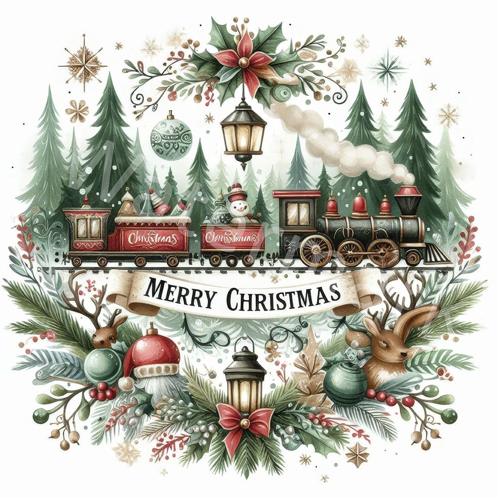 Watercolor Christmas Train Clipart: Holiday Card Graphics (digital ...