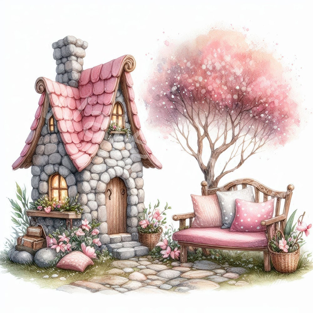 Pink Fairy House Clipart: Watercolor Stone Cottage (digital Download ...