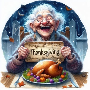 Funny Thanksgiving Old Lady Clipart: Watercolor Style (digital Download ...