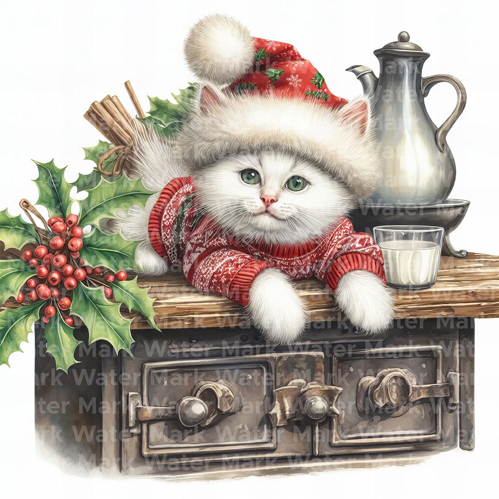 Christmas Cat Watercolor Clipart: Holiday Card Making (digital Download ...