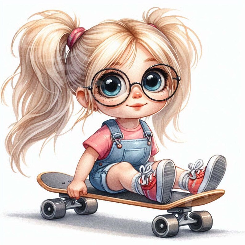 Skateboard Girl Clipart: Watercolor Style, Kids Illustration (digital ...
