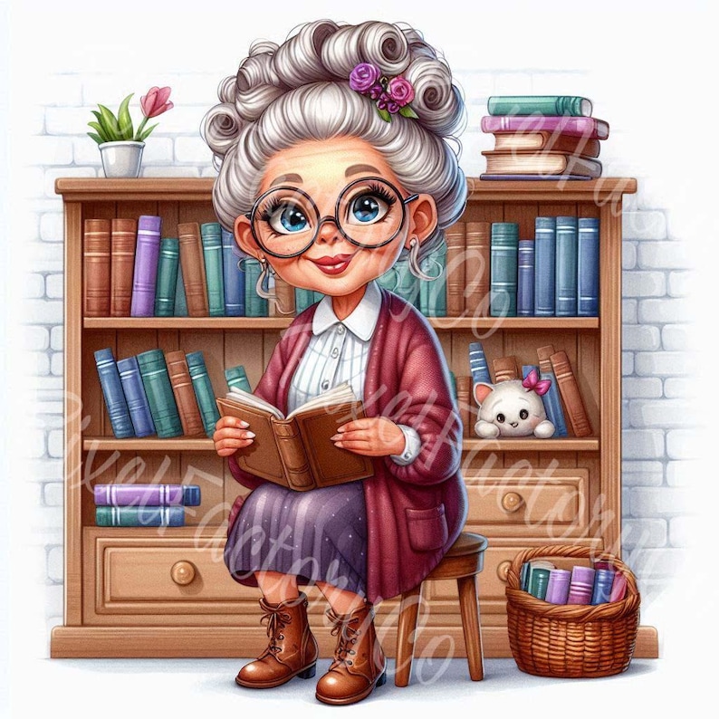 Grandma Librarian Clipart: Vintage Granny Art, Scrapbooking (digital ...