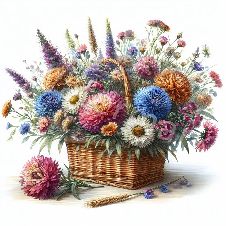 Watercolor Wildflower Basket Clipart: Floral JPG Images (digital ...