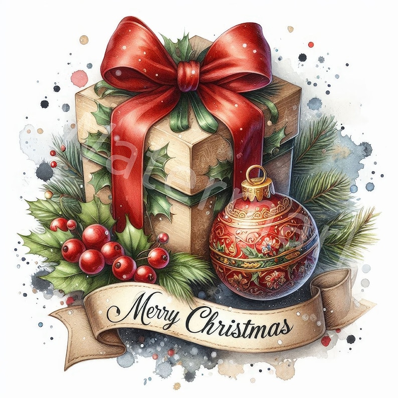 Watercolor Christmas Gift Clipart, Merry Christmas Card Graphics ...