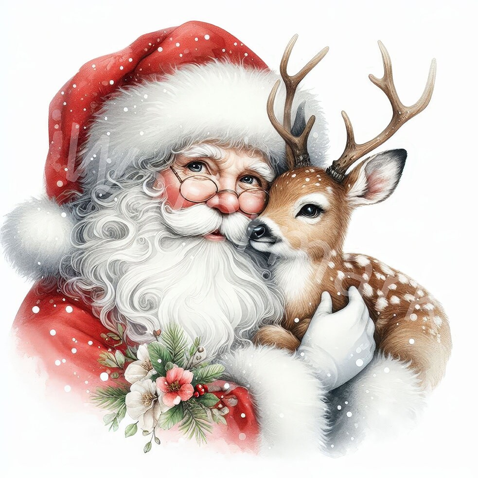 Watercolor Santa Claus Clipart: Christmas Reindeer JPG (digital ...