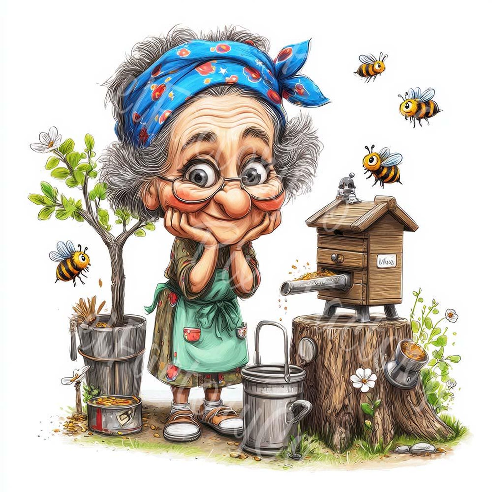 Funny Beekeeper Grandma Clipart Bundle: Whimsical Bees & Hive (digital ...