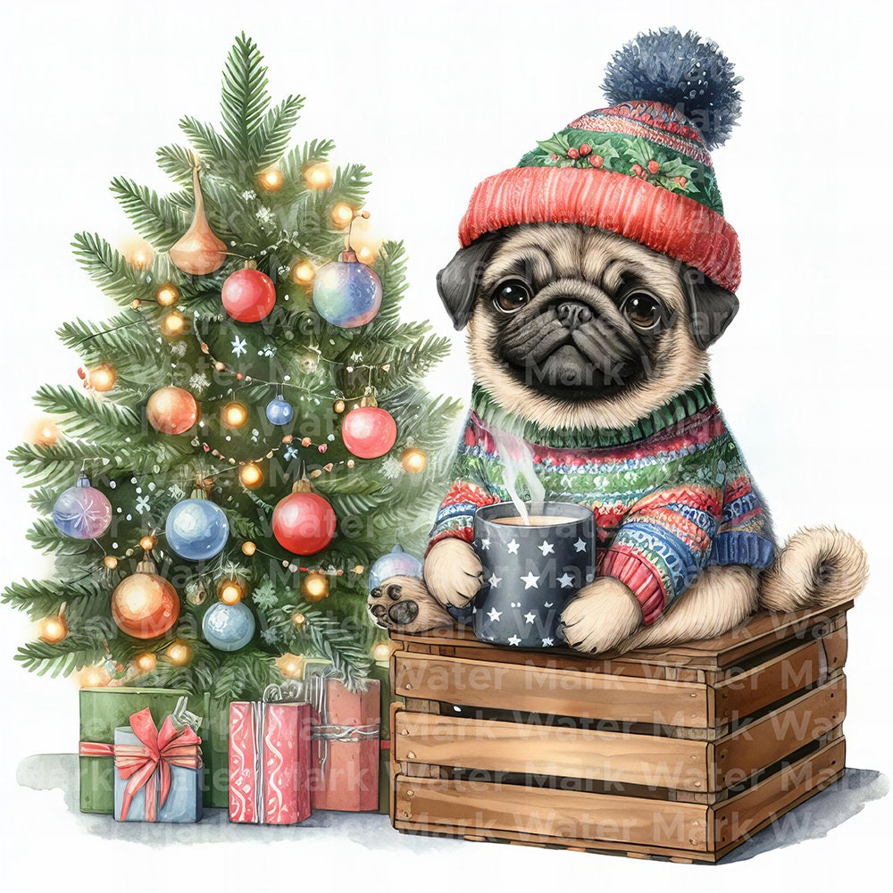 Christmas Dog Pug Clipart 12 Jpg Watercolor Clipart - Etsy