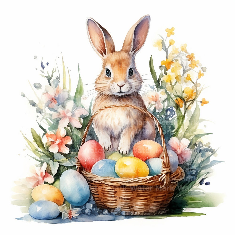 Watercolor Easter Bunny Clipart: Eggs, Junk Journal Graphics (digital ...
