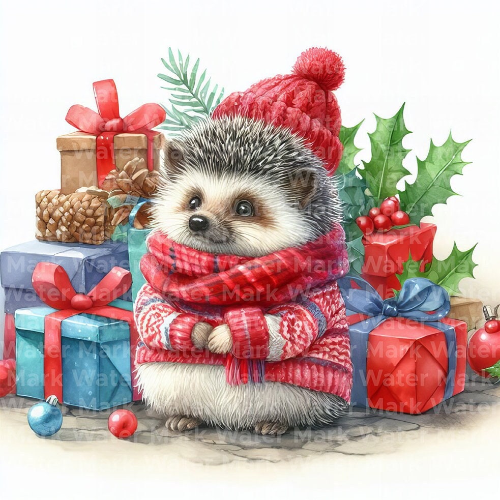 Christmas Hedgehog Clipart, 10 Jpg, Watercolor Clipart, Hedgehog With ...