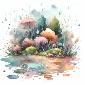 Rain and Puddle Watercolor Clipart, 12 Jpg, Digital Download, Rainy ...