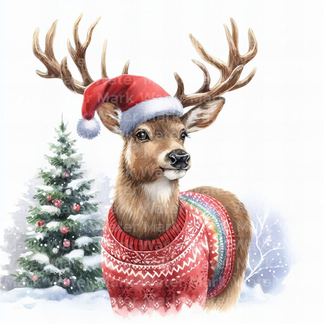Christmas Reindeer Clipart, 12 Jpg, Watercolor Clipart, Card Making ...