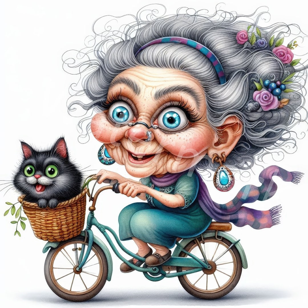 Funny Old Lady on Bike Clipart, 12JPG, Crazy Grandma Clipart, Modern ...