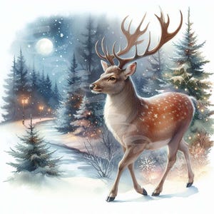 Christmas Reindeer Clipart: Winter Forest Landscape JPG (digital ...