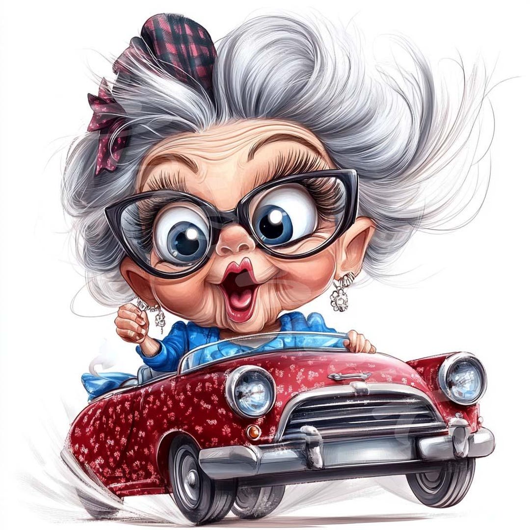 Funny Old Lady in Convertible Clipart 12 JPG Watercolor Grandma Woman ...