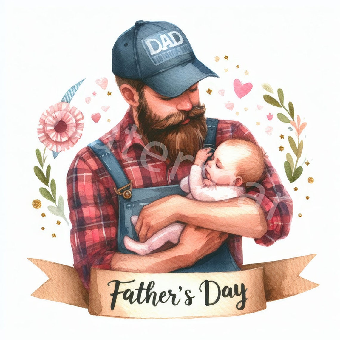 Happy Father's Day Watercolor Clipart: Floral JPG Images (digital ...