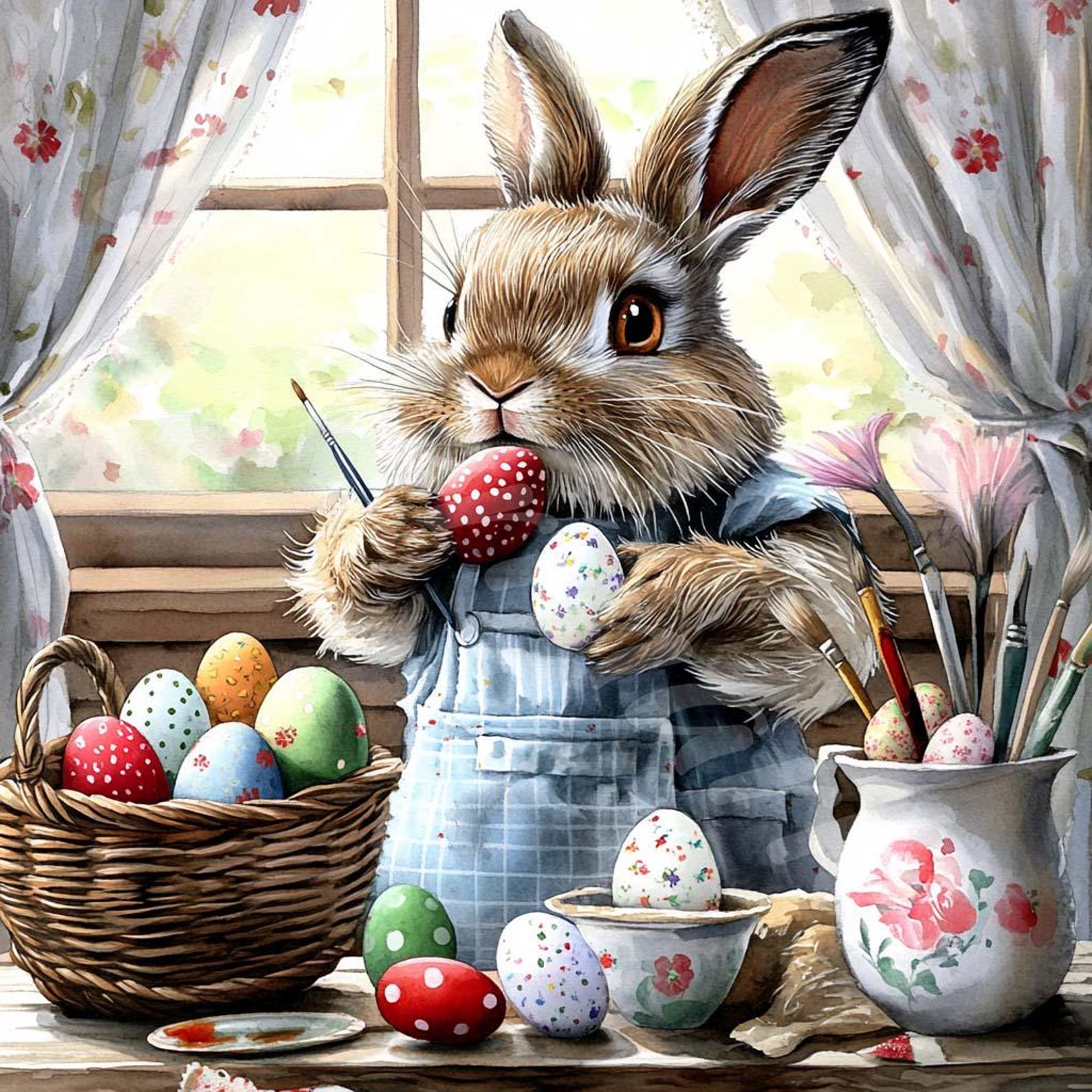 Watercolor Easter Bunny Clipart: Baking Cake, Painting Eggs (digital ...