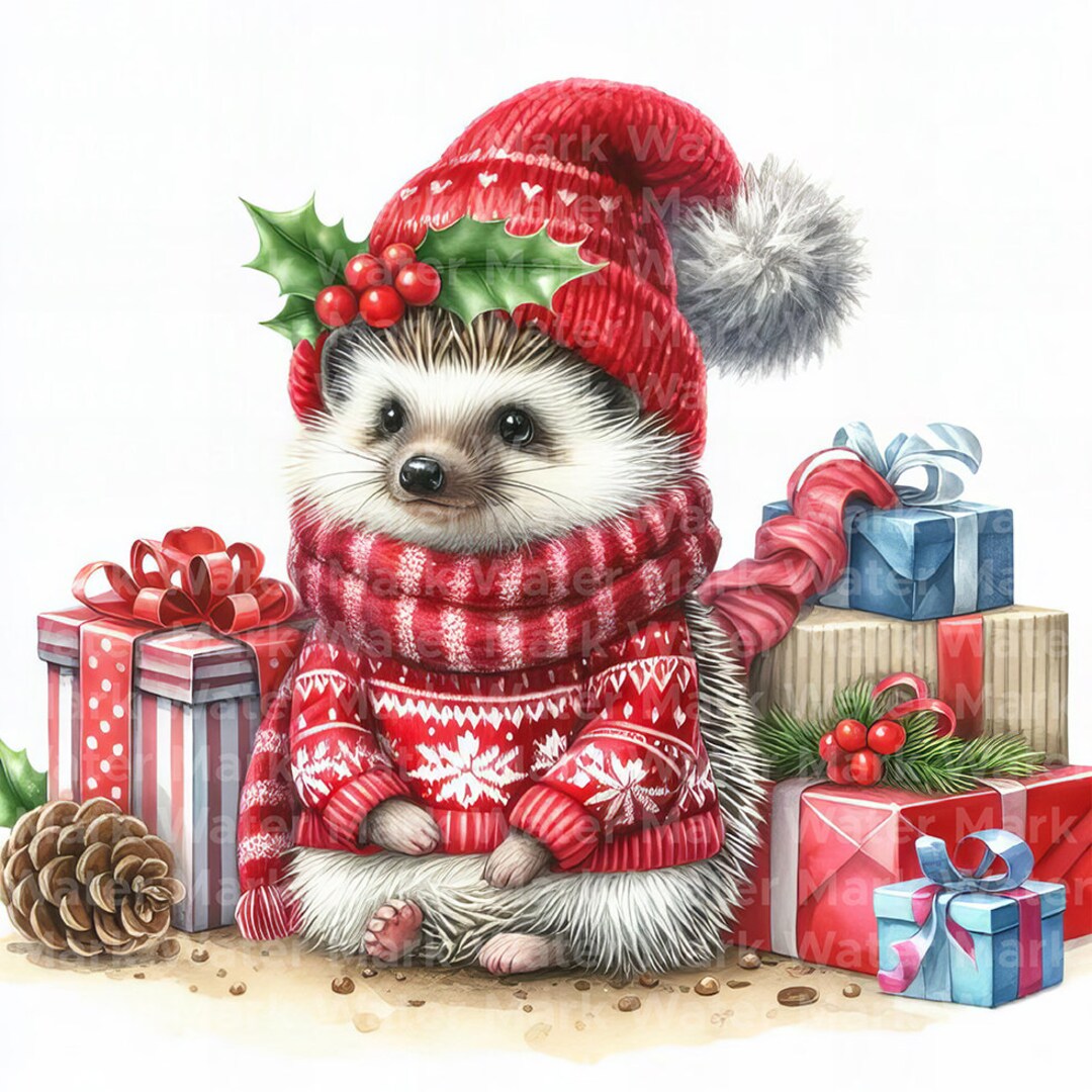Christmas Hedgehog Clipart, 10 Jpg, Watercolor Clipart, Hedgehog With ...