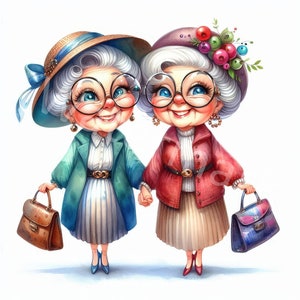 Fashionable Senior Women Clipart: Watercolor Friends Graphics (digital ...