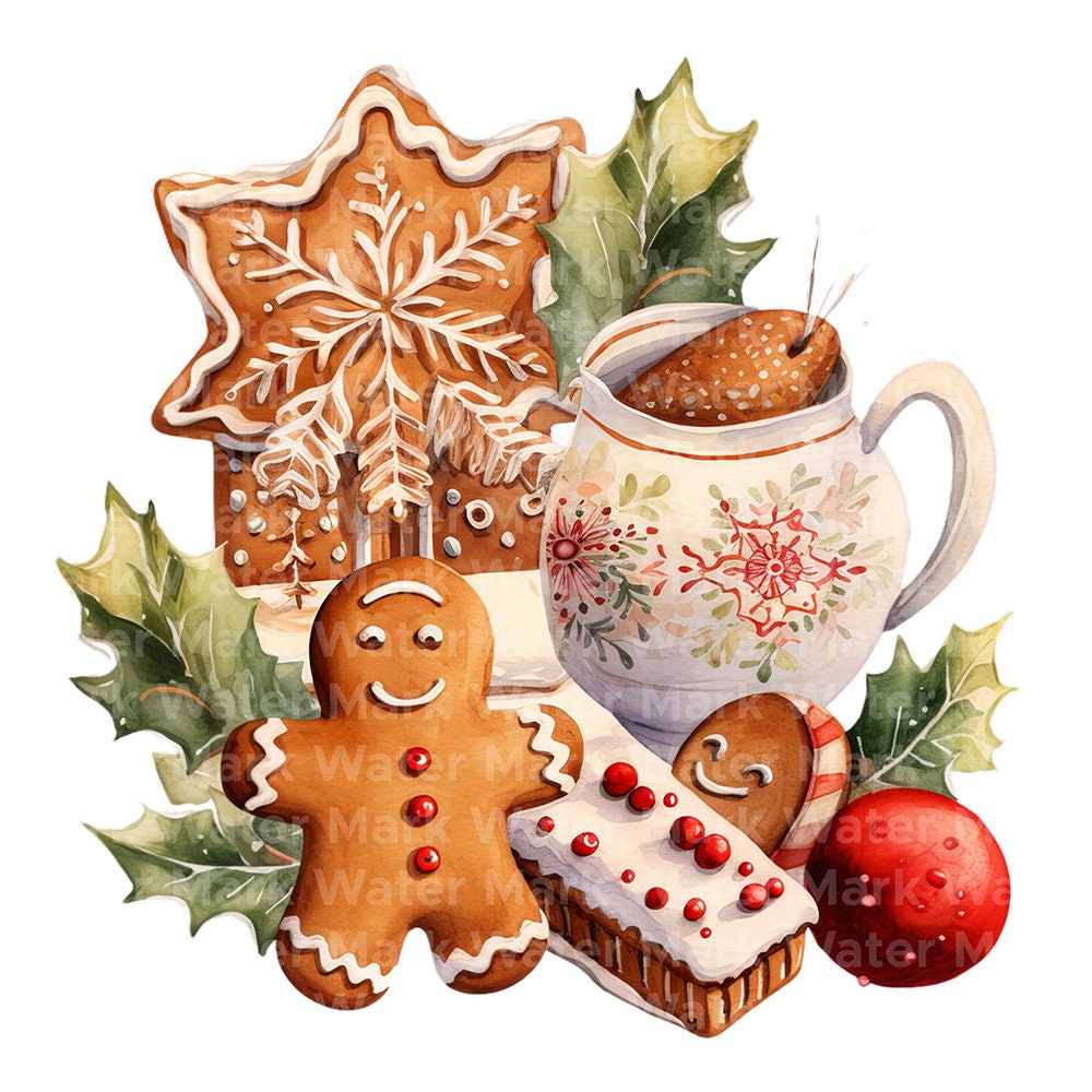 Watercolor Christmas Gingerbread Clipart: Holiday Card Making (digital ...