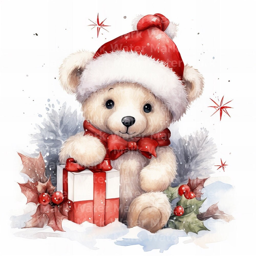 Christmas Teddy Bear Clipart, 12 JPG, Watercolor Clipart, Christmas ...