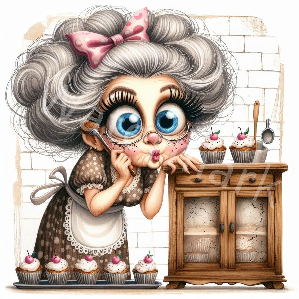 Grandma Baking Cupcakes Clipart: Watercolor Women Graphics (digital ...