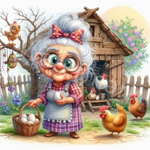 Funny Grandma Henhouse Clipart: Watercolor Women Graphics (digital ...
