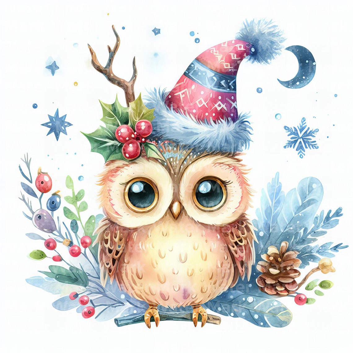 Christmas Owl Watercolor Clipart: Holiday Card Making (digital Download ...