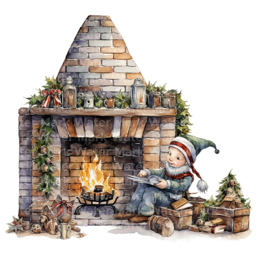 Christmas Elves Clipart, 8 JPG, Watercolor Clipart, Christmas Fireplace ...
