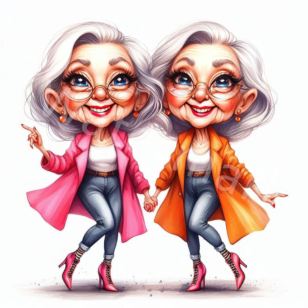 Fashionable Senior Women Clipart: Watercolor Friends Graphics (digital ...