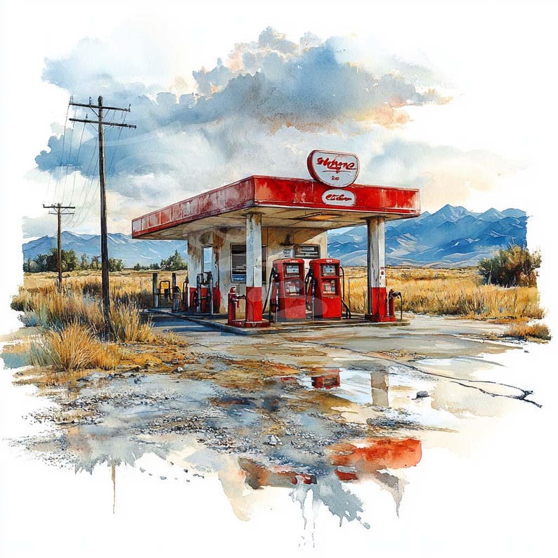 Vintage Gas Station Clipart: Retro American Car, Watercolor Style ...